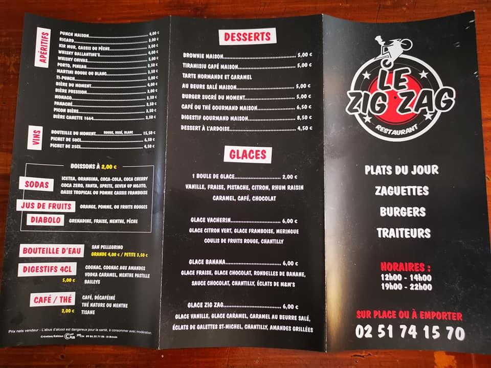 Carta del restaurante Le Zig Zag, Saint-Brevin-les-Pins