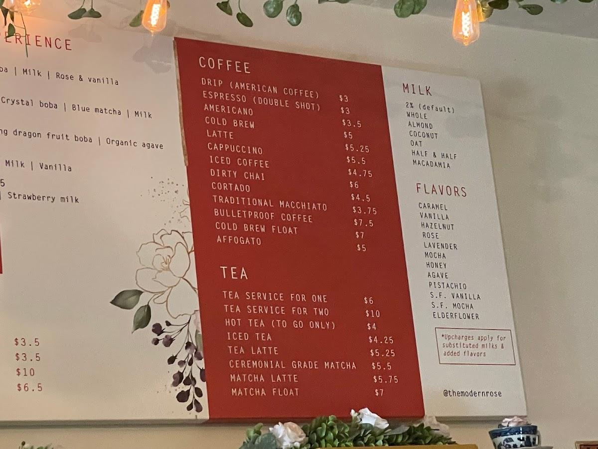 Menu at The Modern Rose coffee house, Deerfield Beach