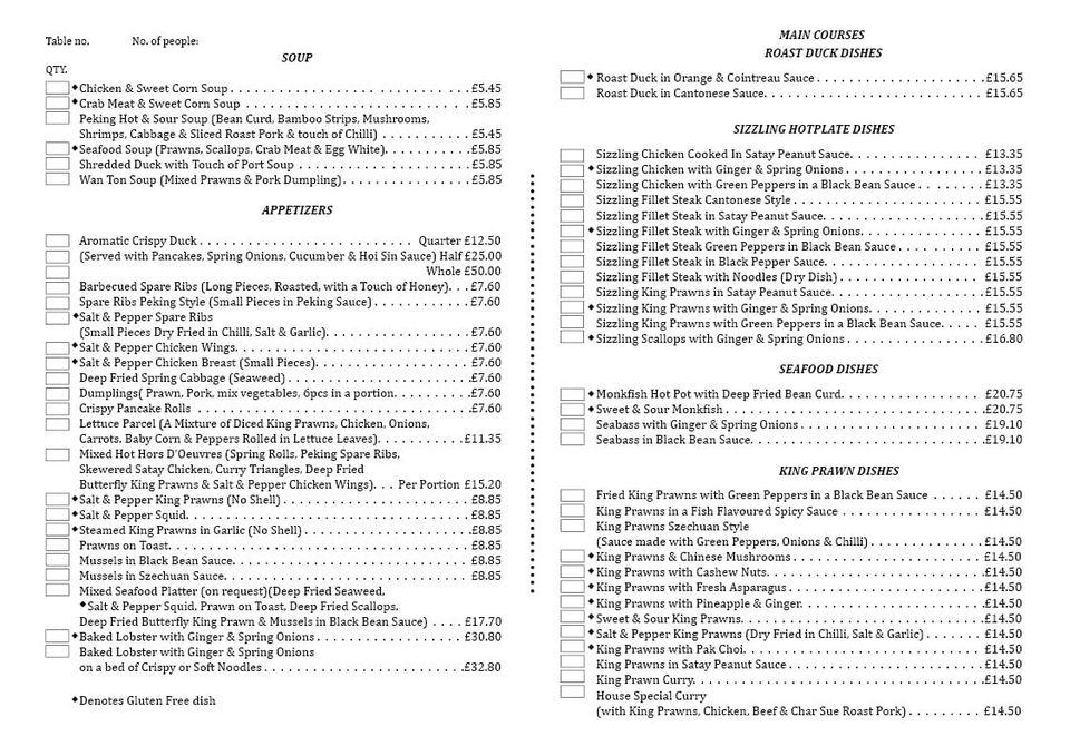 Menu at The Pavilion restaurant, Consett