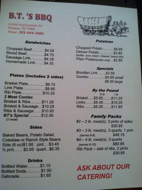Menu at B T's Bar-B-Q, Houston