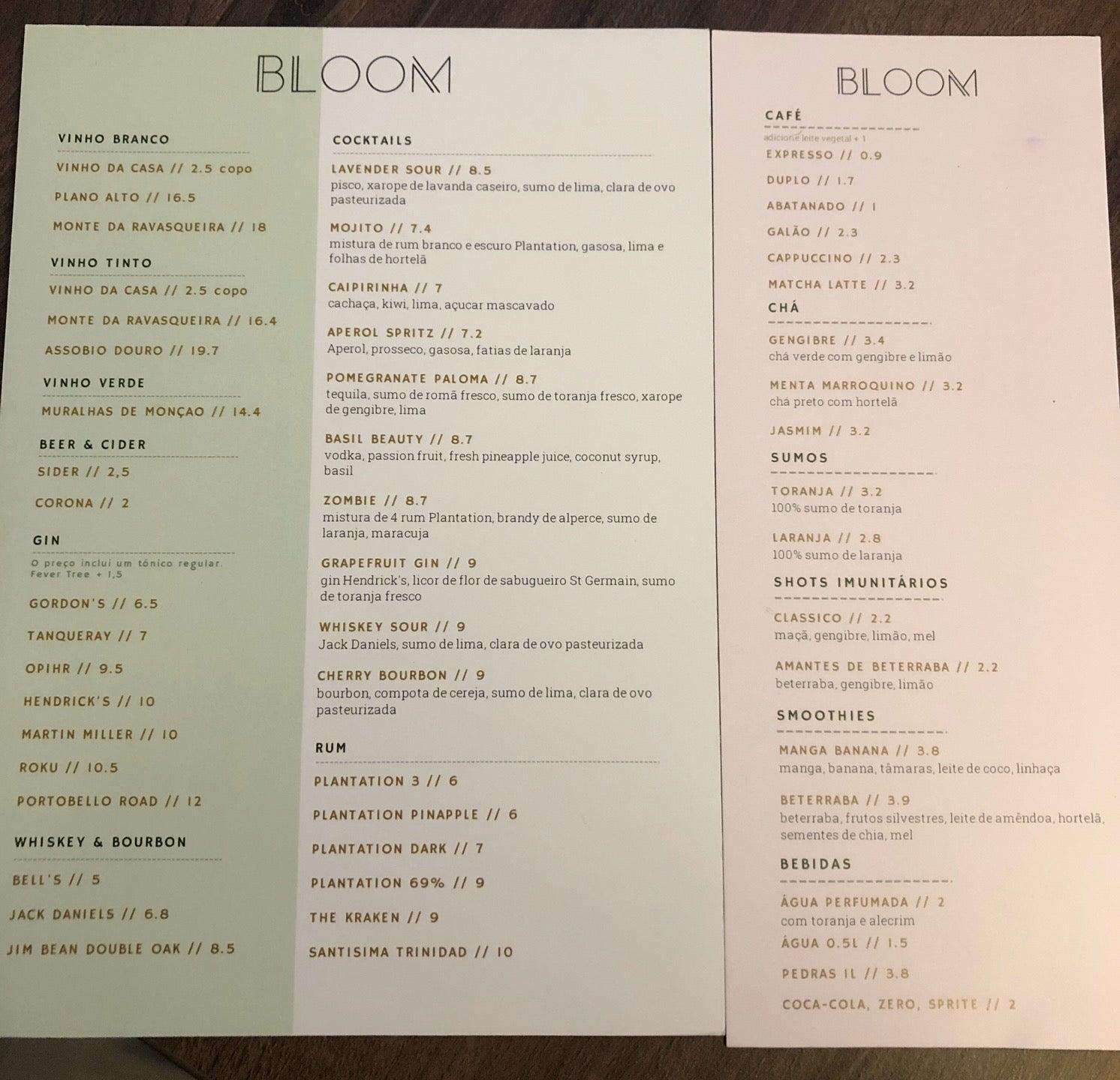 Menu at BLOOM Restaurante, Lisbon