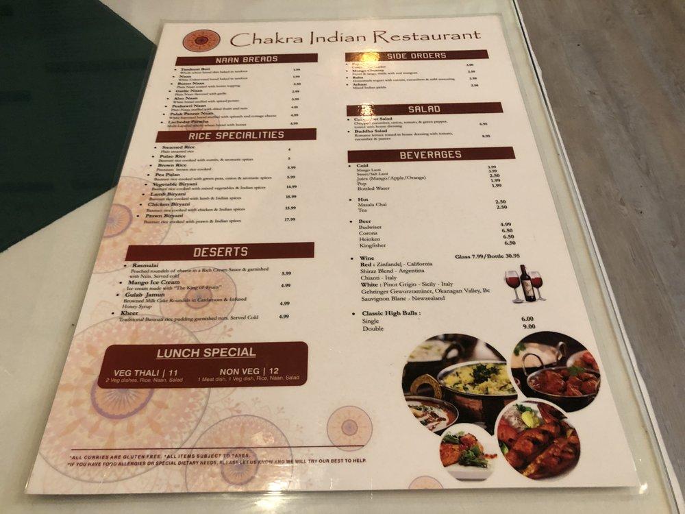 Menu at Chakra Indian Restaurant, Burnaby