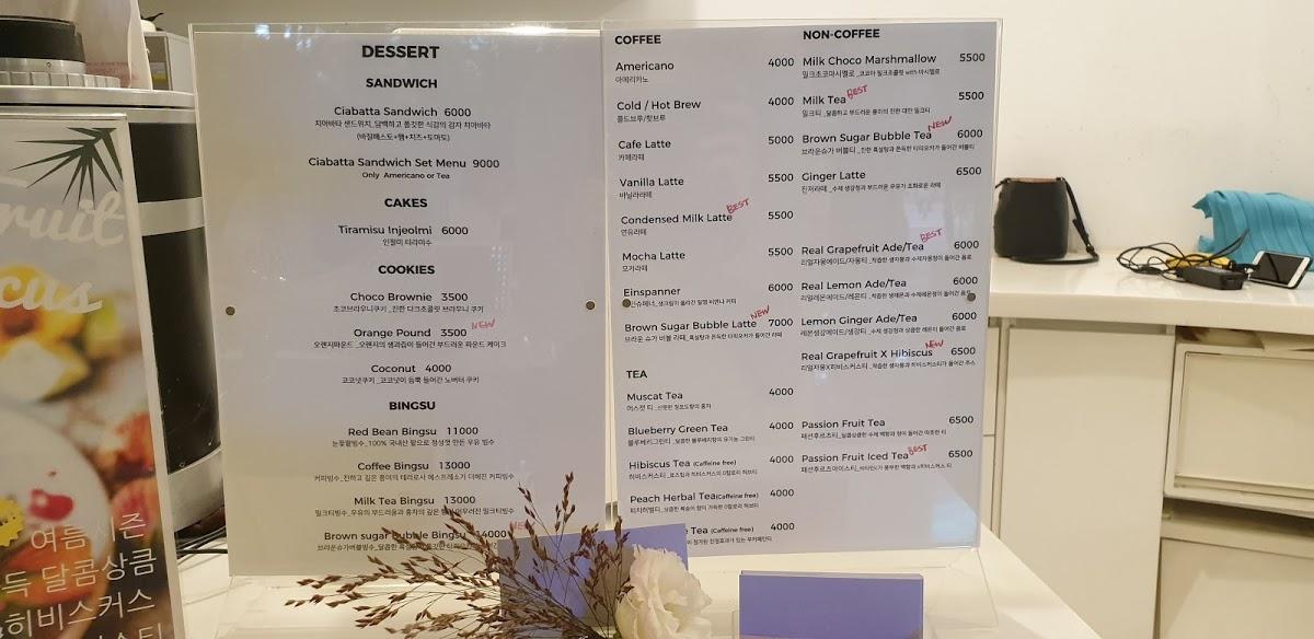 Menu at Floret Flower Cafe, Seoul