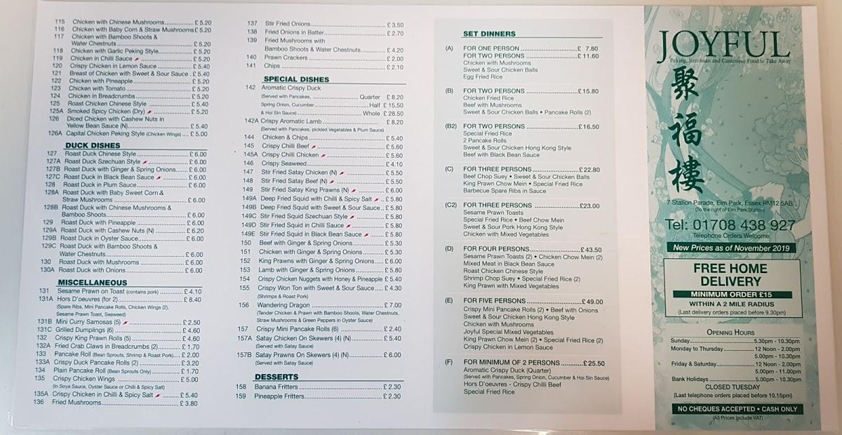 Menu at Joyful Chinese Take Away fast food, Hornchurch