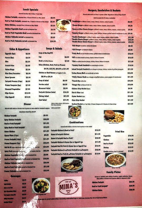 Menu at Mina's Cafe, Port Orchard