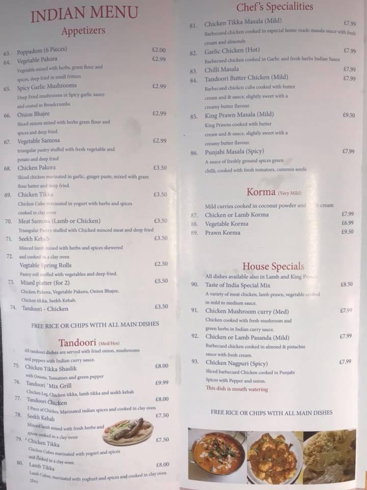 Menu at Taste of India restaurant, Banbridge