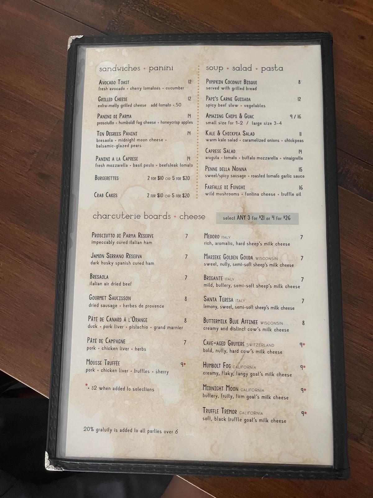 Menu at Ten Degrees pub & bar, New York City, 121 St Marks Pl