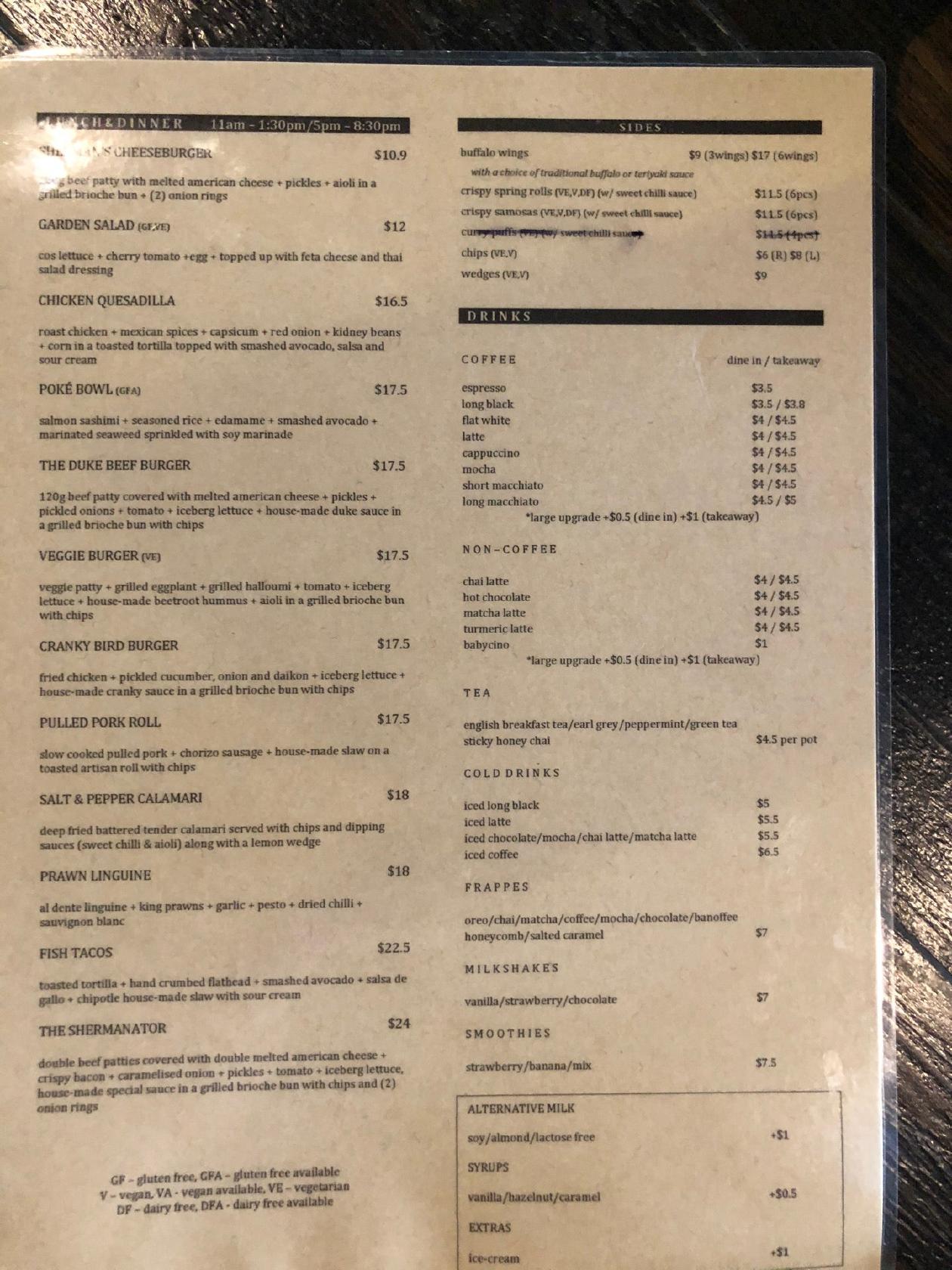 Menu at The General Sherman cafe, Murdoch