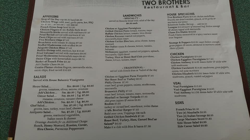 Menu at Two Brothers Italian American restaurant, Troy