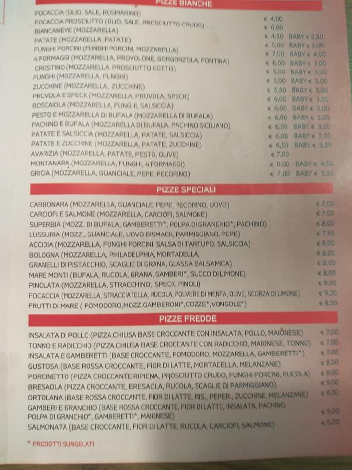 Menu at Pastizzeria pizzeria, Villanova