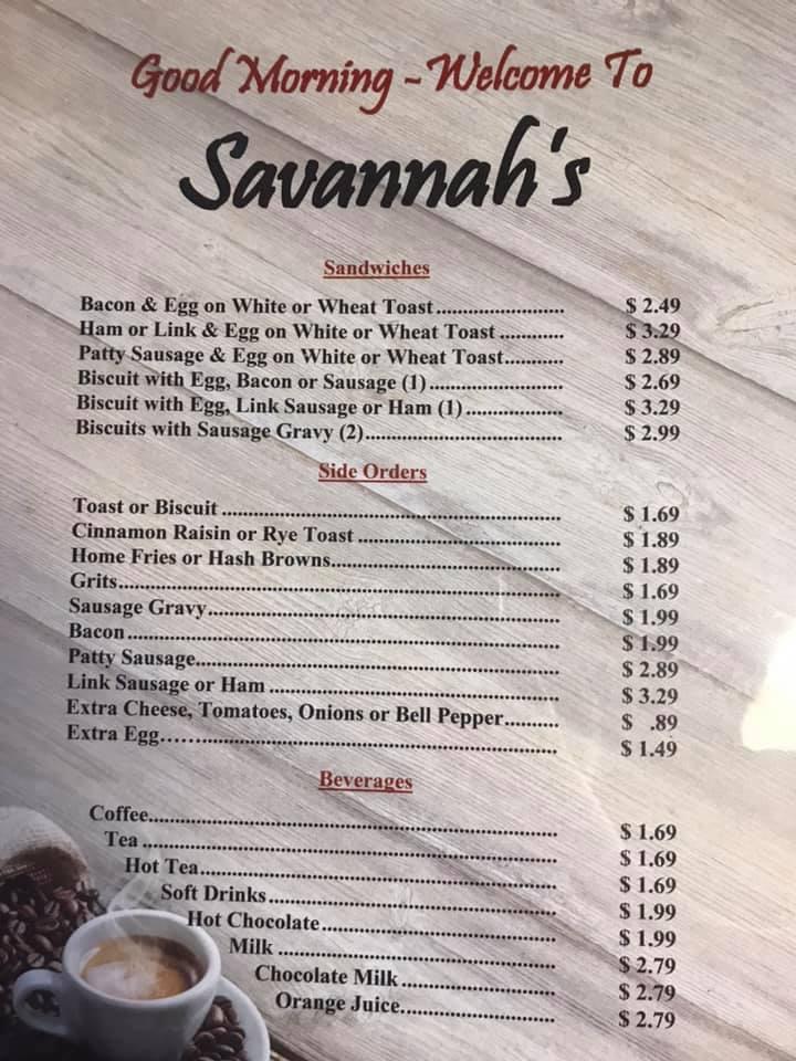 Menu at Savannah's Country Buffet restaurant, USA, 968 Woodville Hwy