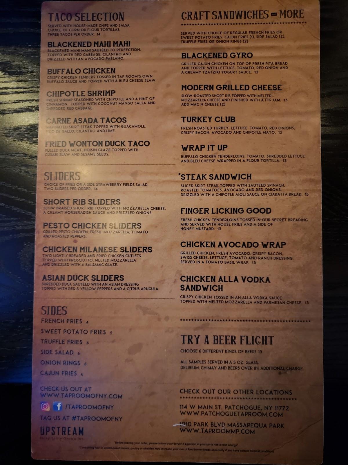 Menu at Tap Room pub & bar, Bay Shore