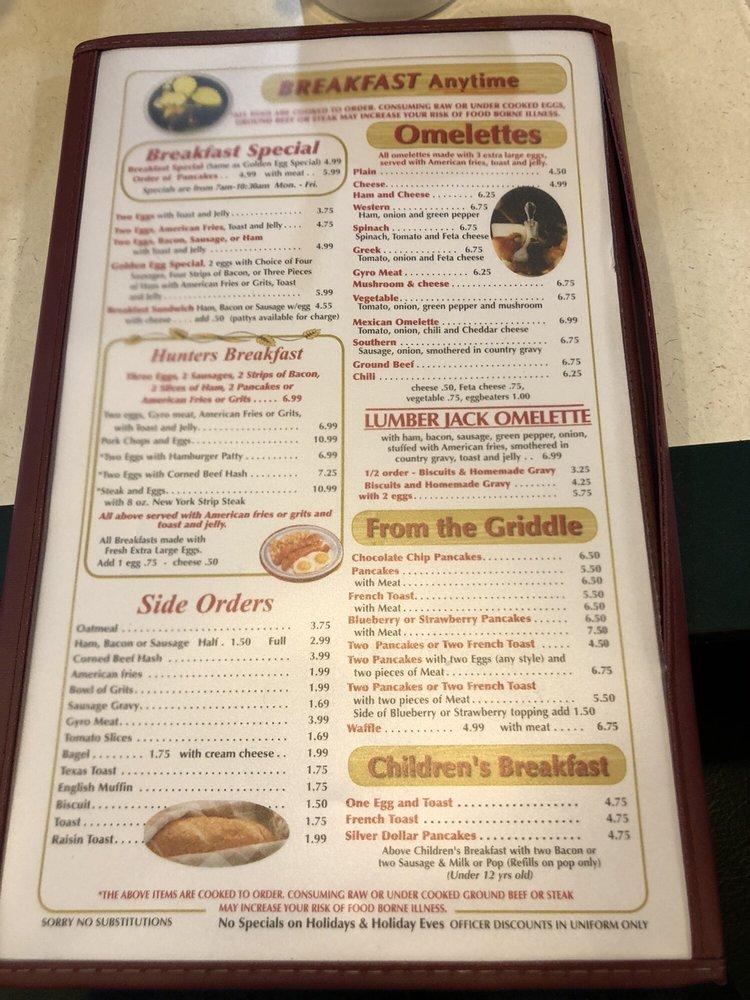 Menu at The Golden Egg restaurant, Ypsilanti