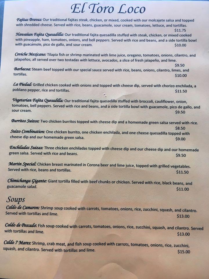 Menu at Toro Loco restaurant, Urbana