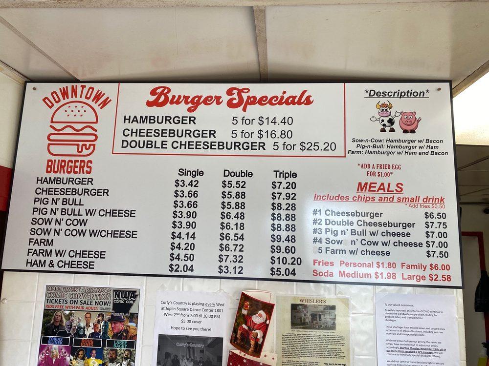 Menu at Downtown Burgers restaurant, Joplin
