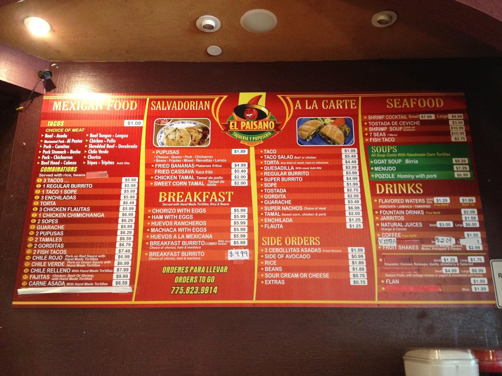 Menu at El Paisano restaurant, Reno, Silverada Blvd