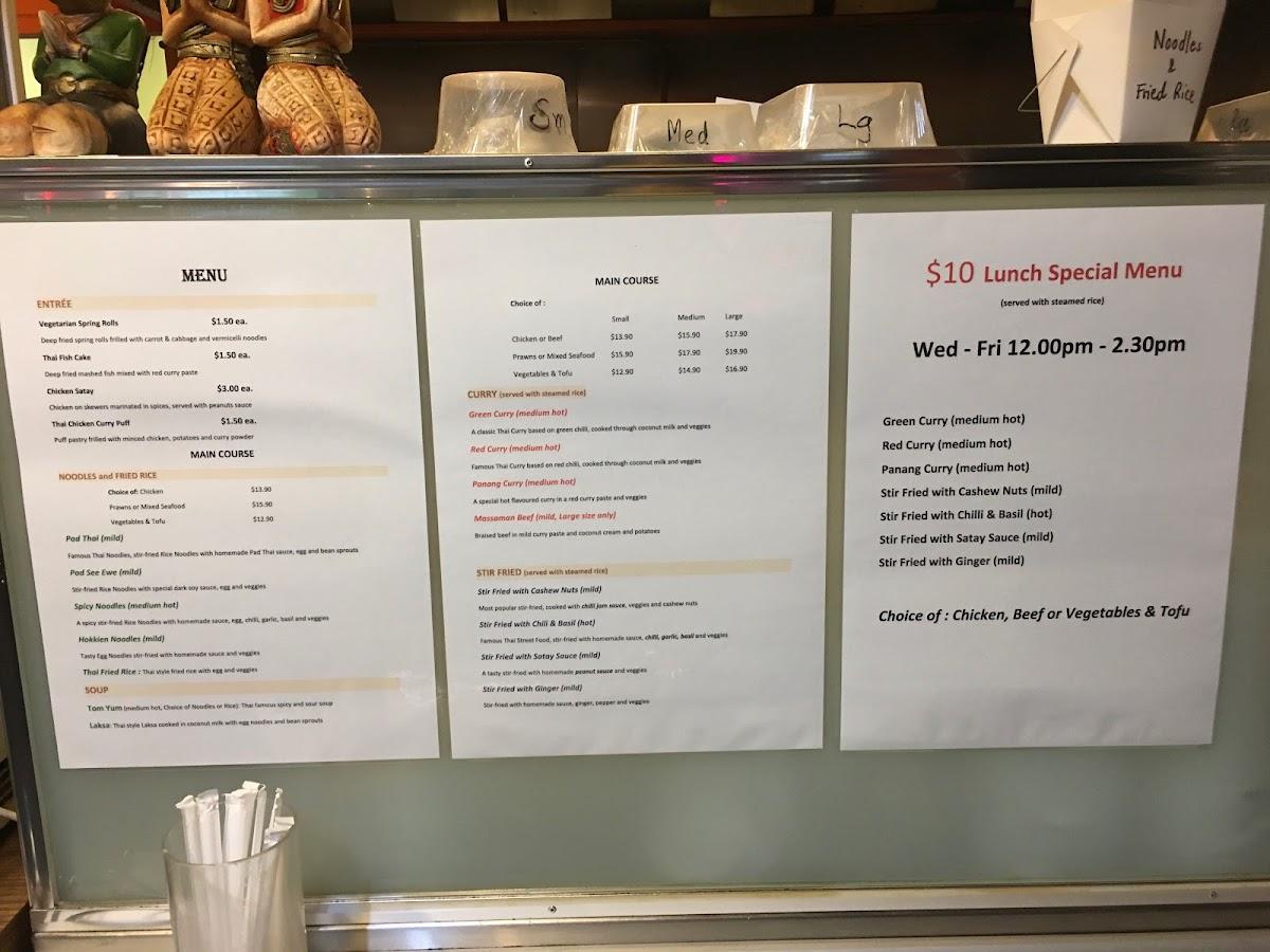 Menu at Kala Thai restaurant, Moonah