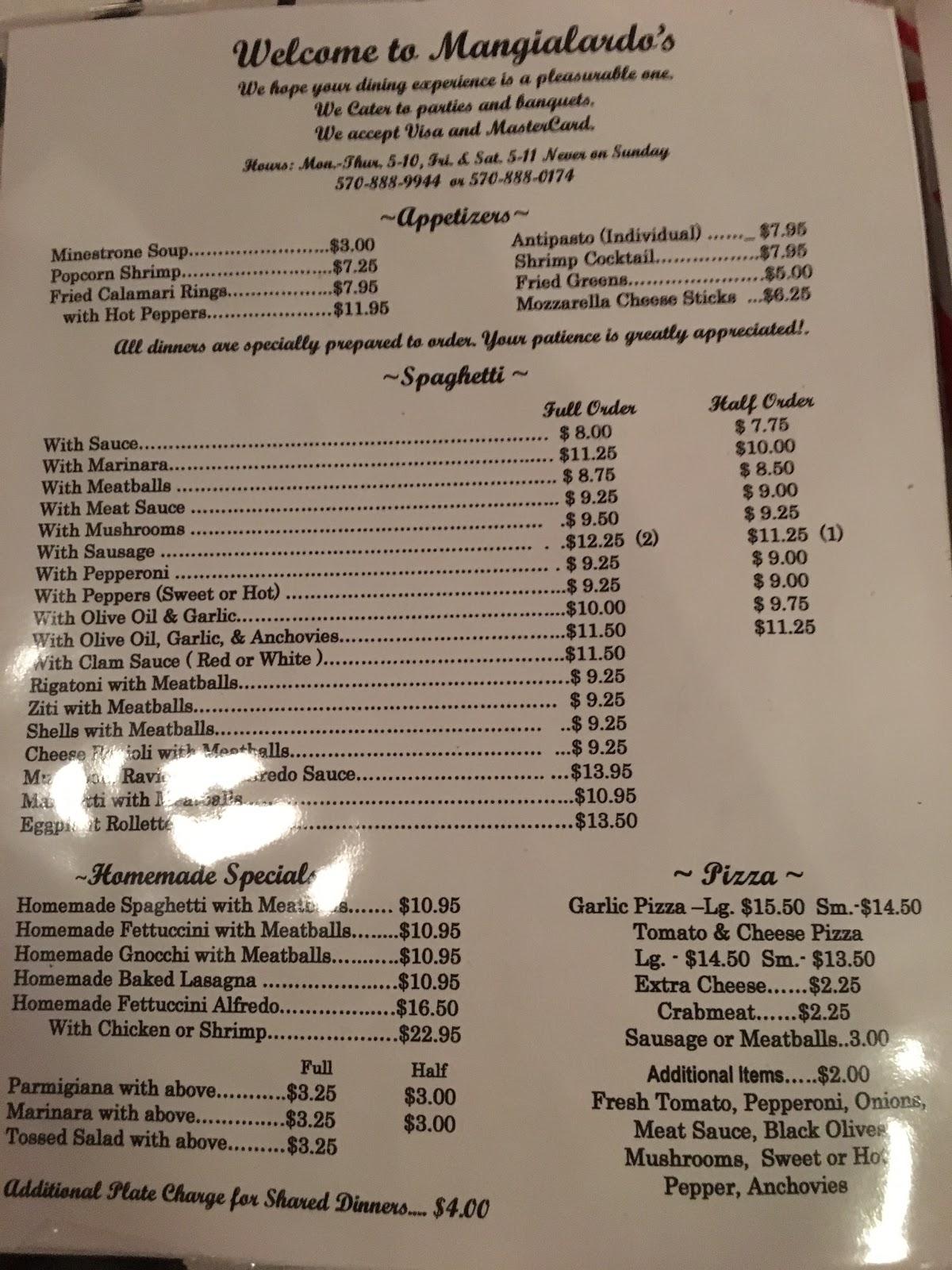 Menu at Mangialardo's restaurant, Sayre