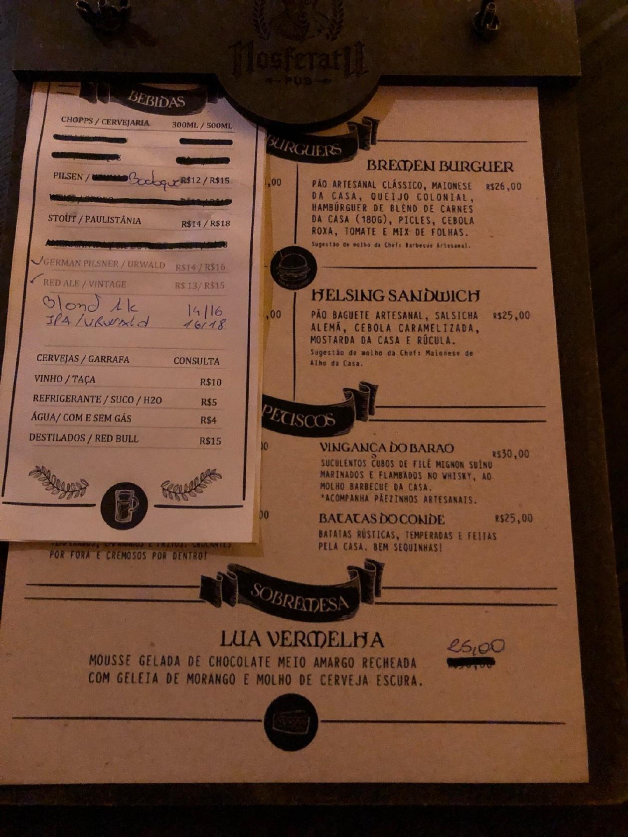 Menu em NOSFERATU PUB, Bento Gonçalves