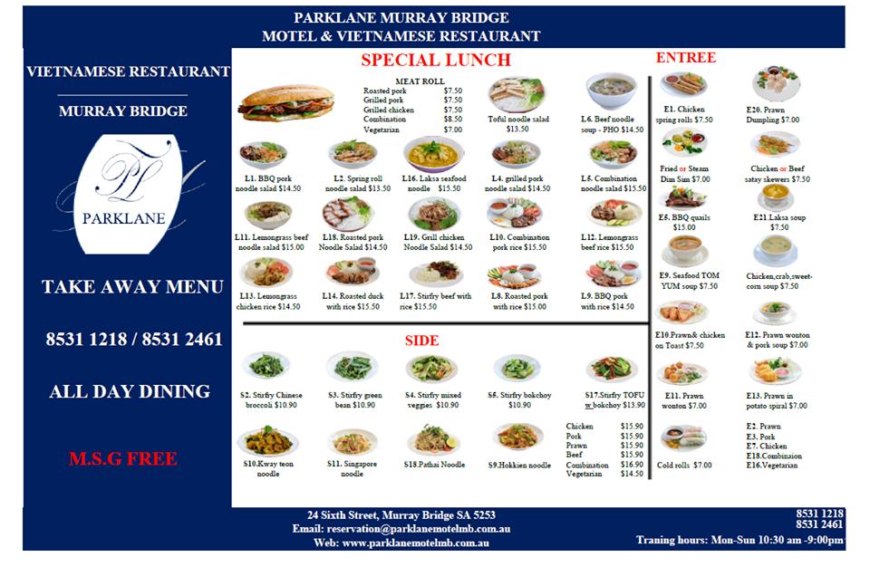Menu at Parklane Motel Vietnamese restaurant, Murray Bridge