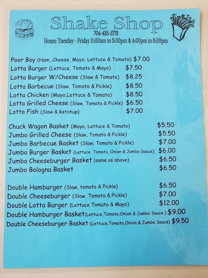 Menu at Shake Shop restaurant, Cherryville
