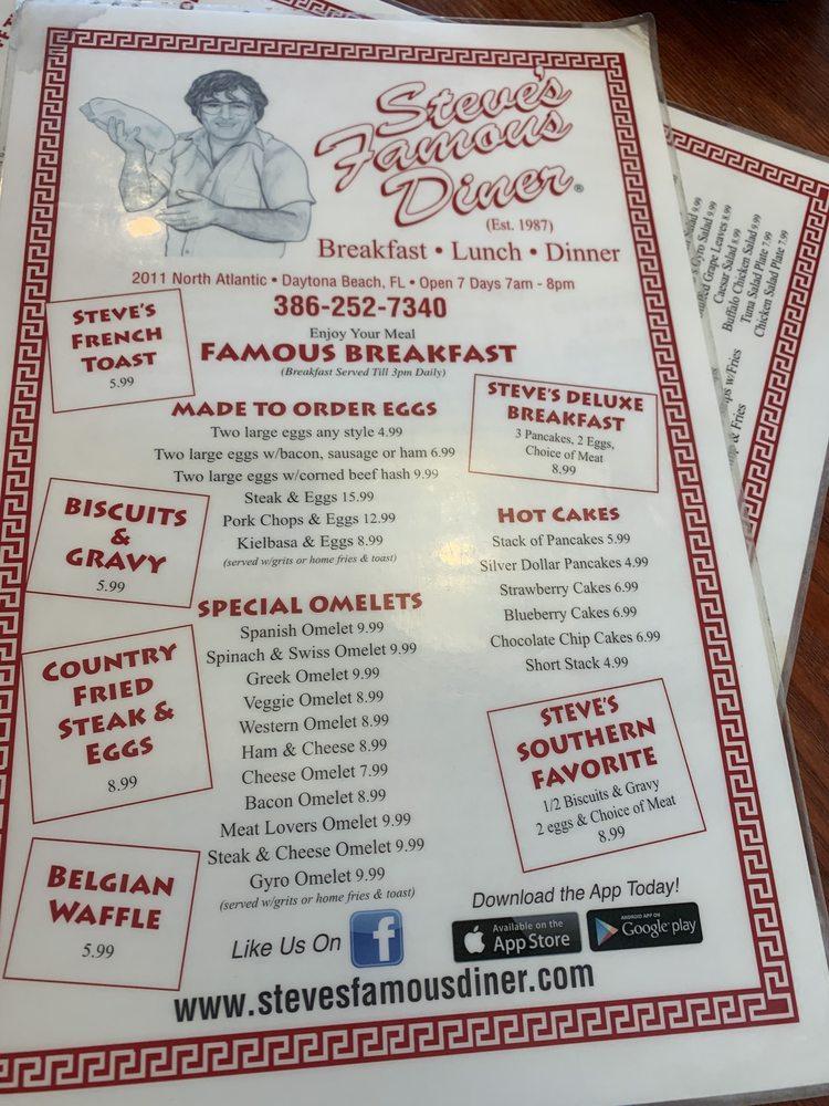 Menu at Steve's Famous Diner restaurant, Daytona Beach, N Atlantic Ave