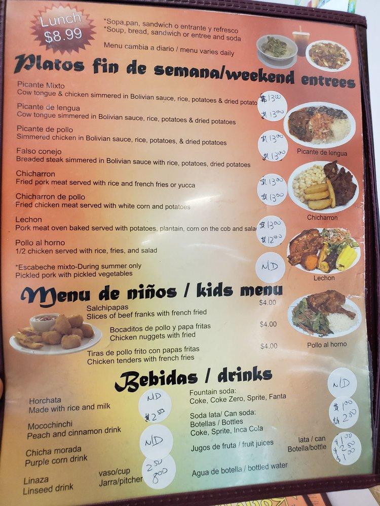 Menu at The Bolivian Sabor restaurant, Springfield