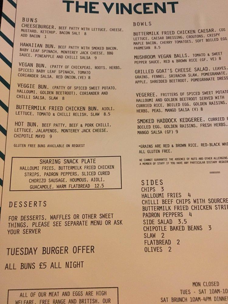 Menu at The Vincent cafe, London, 2