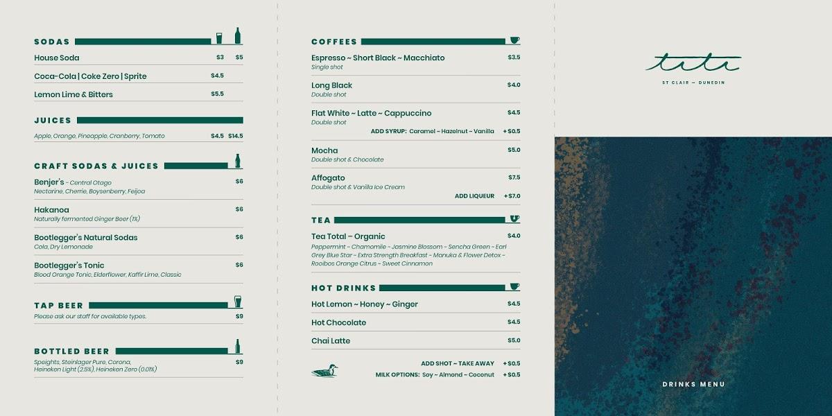 Menu at Titi Restaurant, Dunedin