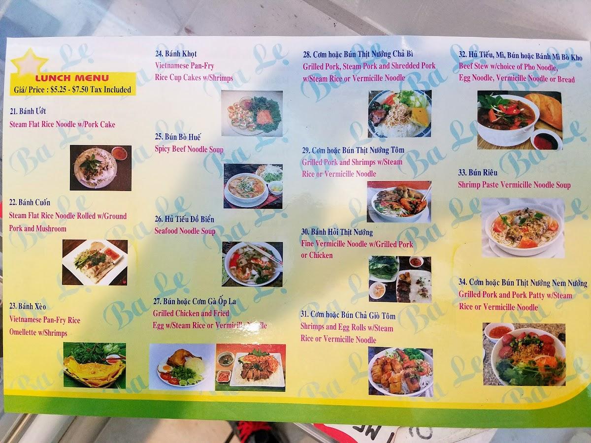 Menu at Banh Mi Ba Le restaurant, Oakland