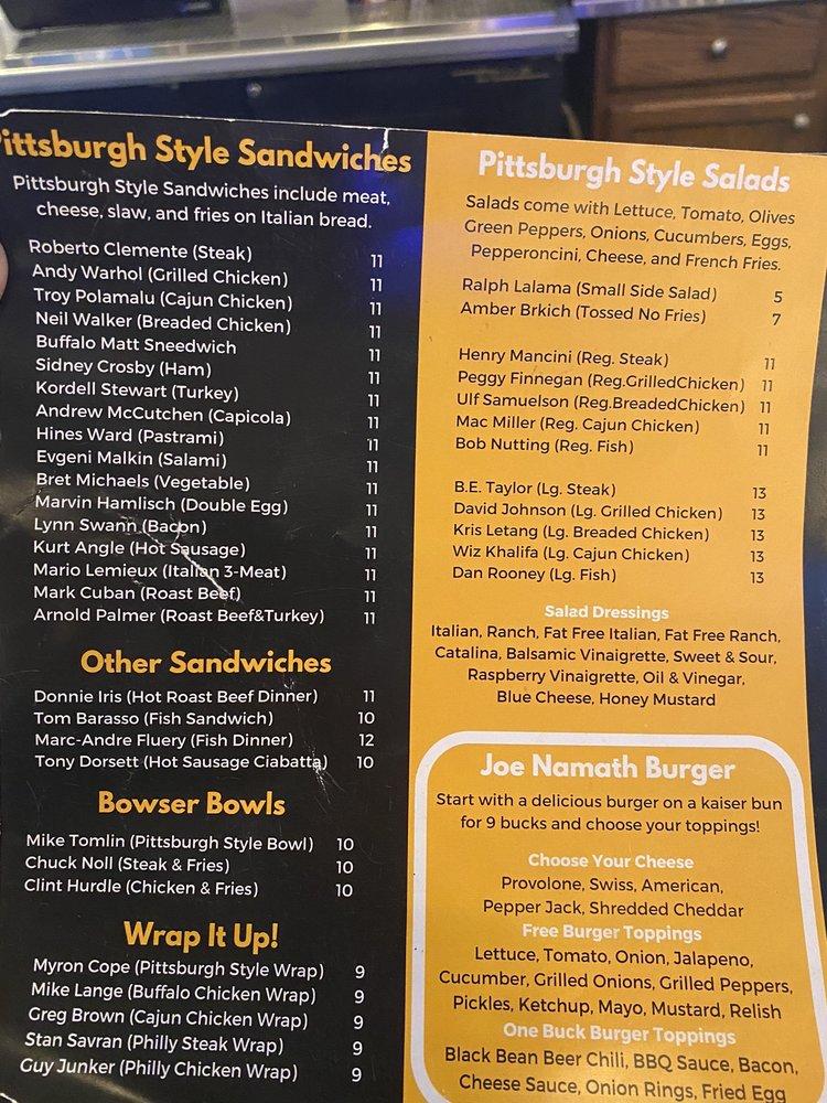 Menu at Bowser's restaurant, Monaca