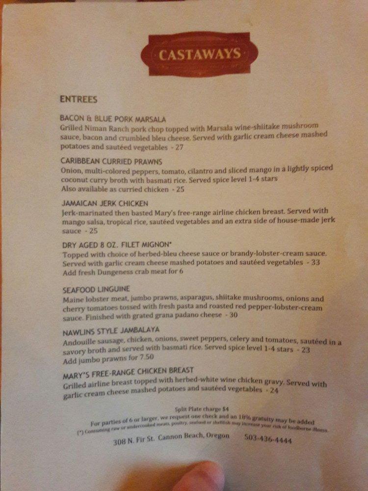 Menu at Castaways Global Cuisine restaurant, Cannon Beach