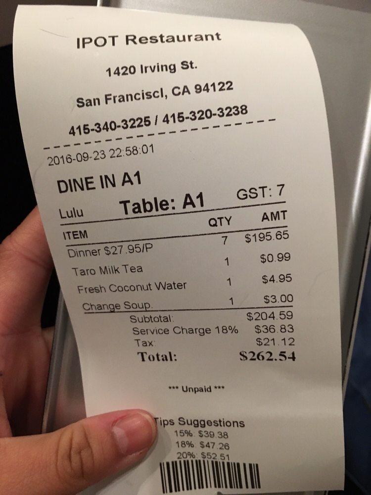 Menu at IPOT restaurant, San Francisco, Irving St