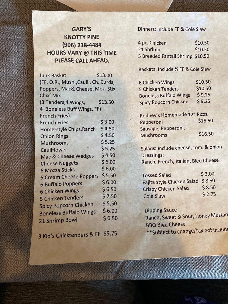 Menu at Knotty Pine pub & bar, USA