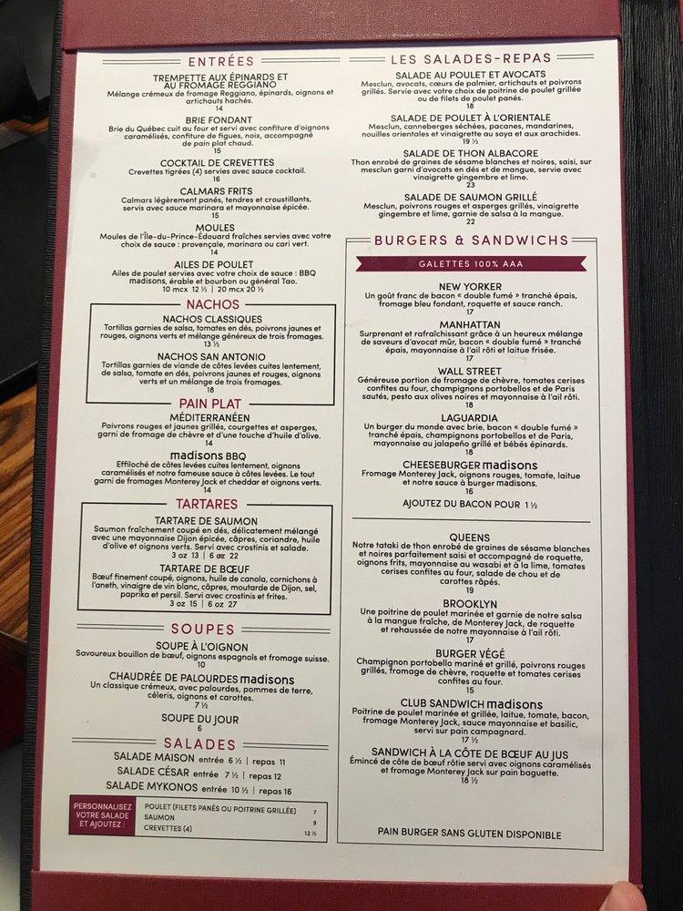 Menu at Madisons Restaurant & Bar, Montréal, Decarie Blvd