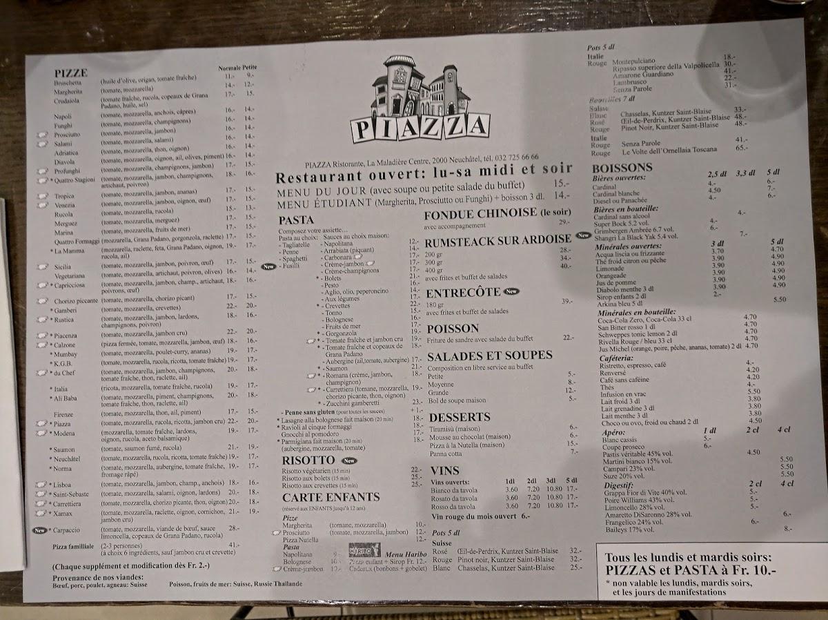 Menu at Piazza, Neuchâtel
