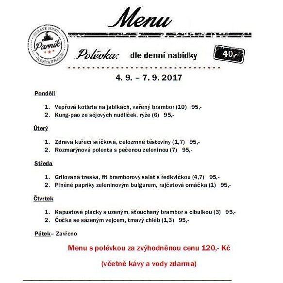 Menu at Restaurace Parník restaurant, Ostrava