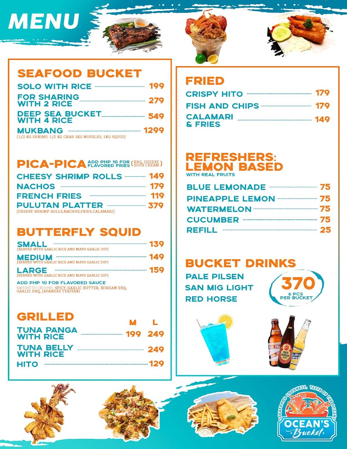 Menu at ocean's bucket restaurant, Rosales