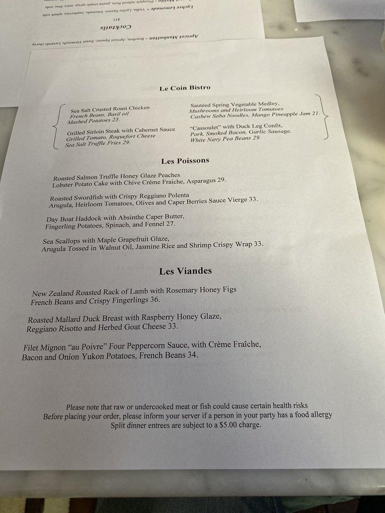Menu at Bleu restaurant, Mashpee