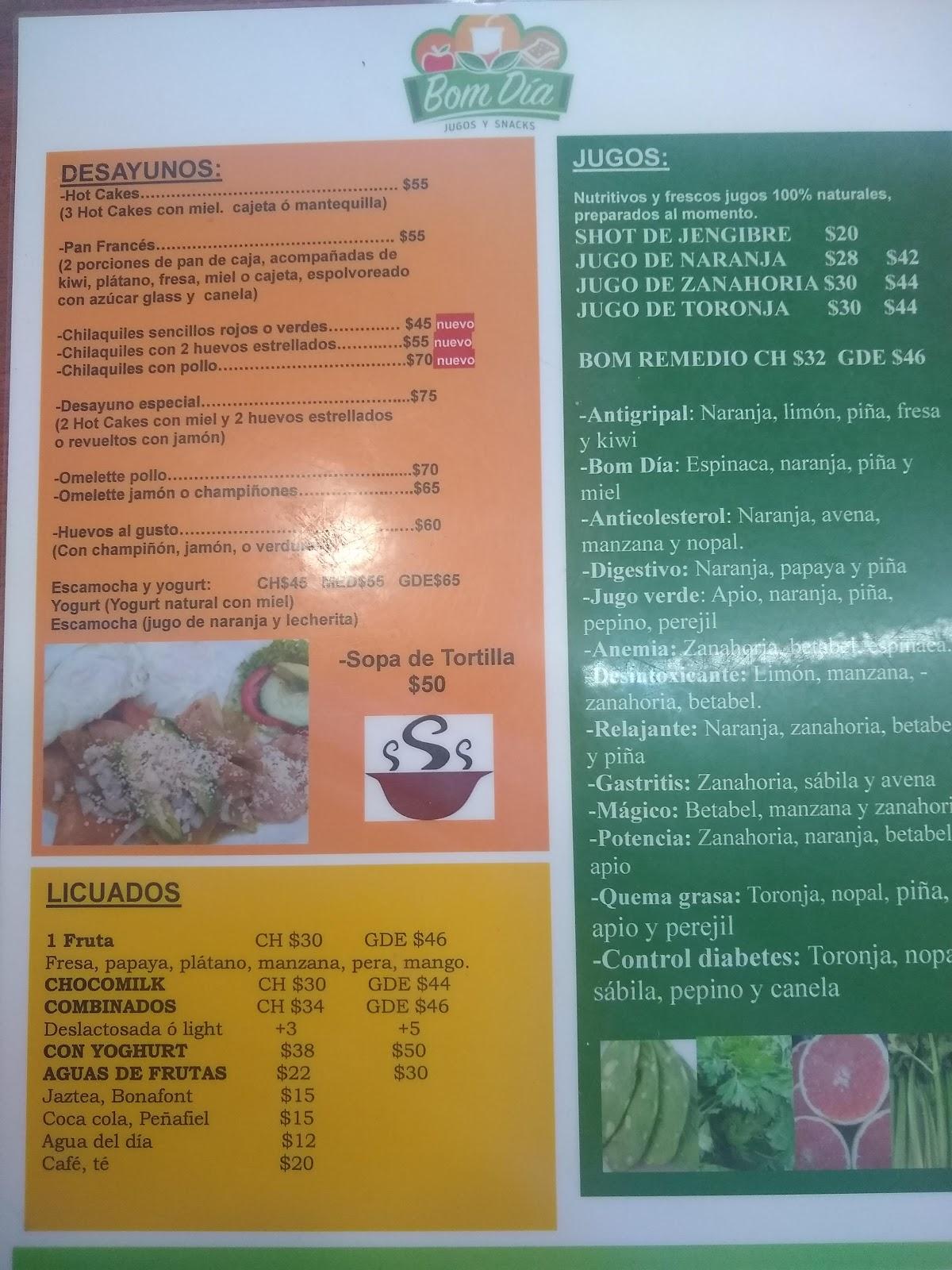 Menu at Bom Dia restaurant, Culiacán, Av. Antonio Rosales 55