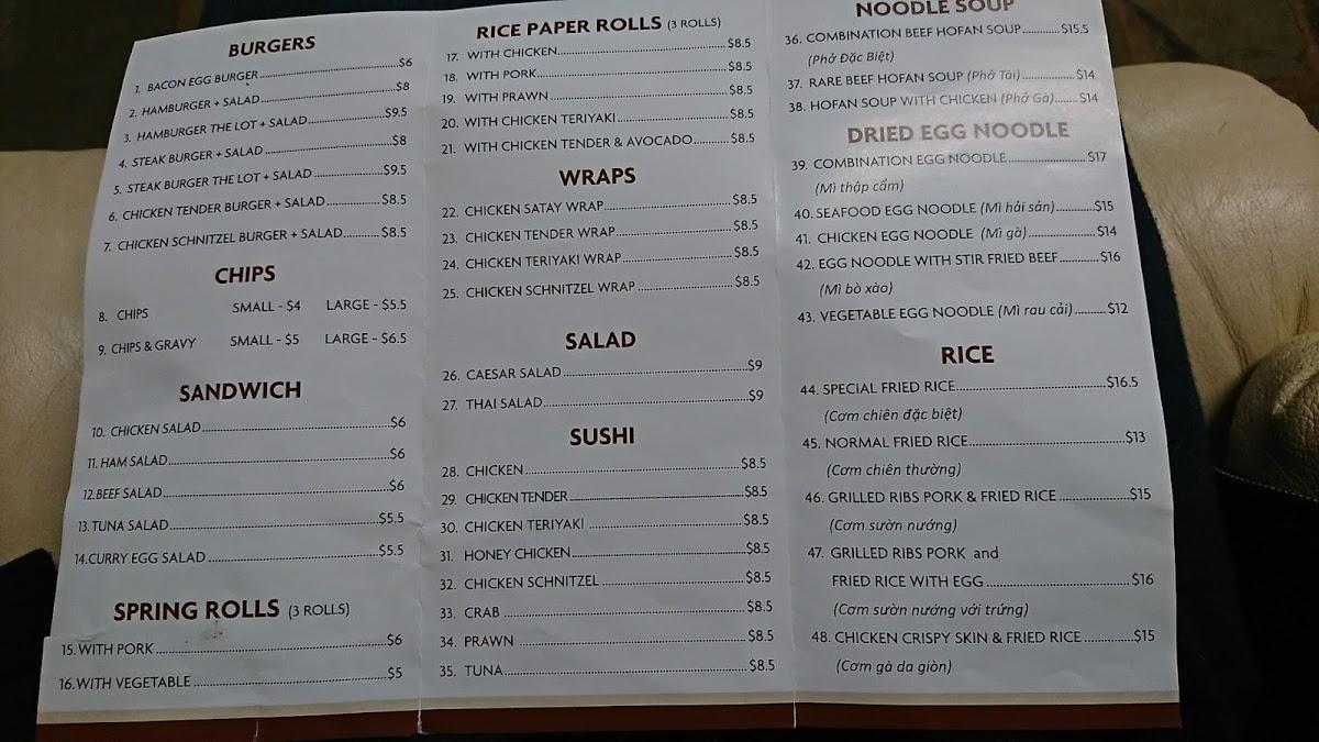 Menu at Bridgetown Vietnamese Cafe, Bridgetown