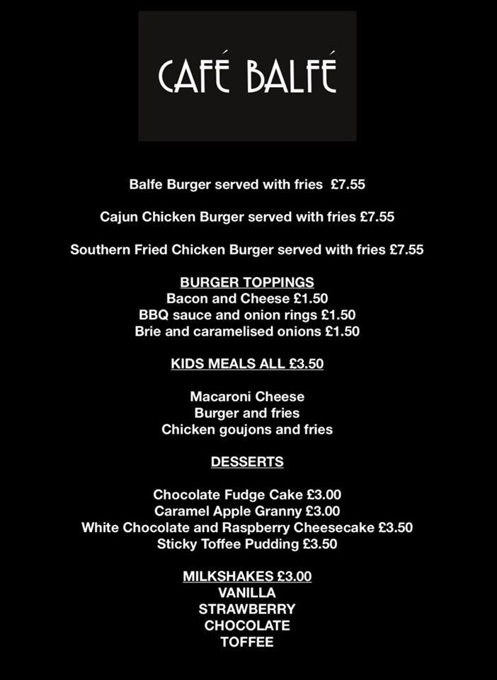Menu at Cafe Balfe, Greenock