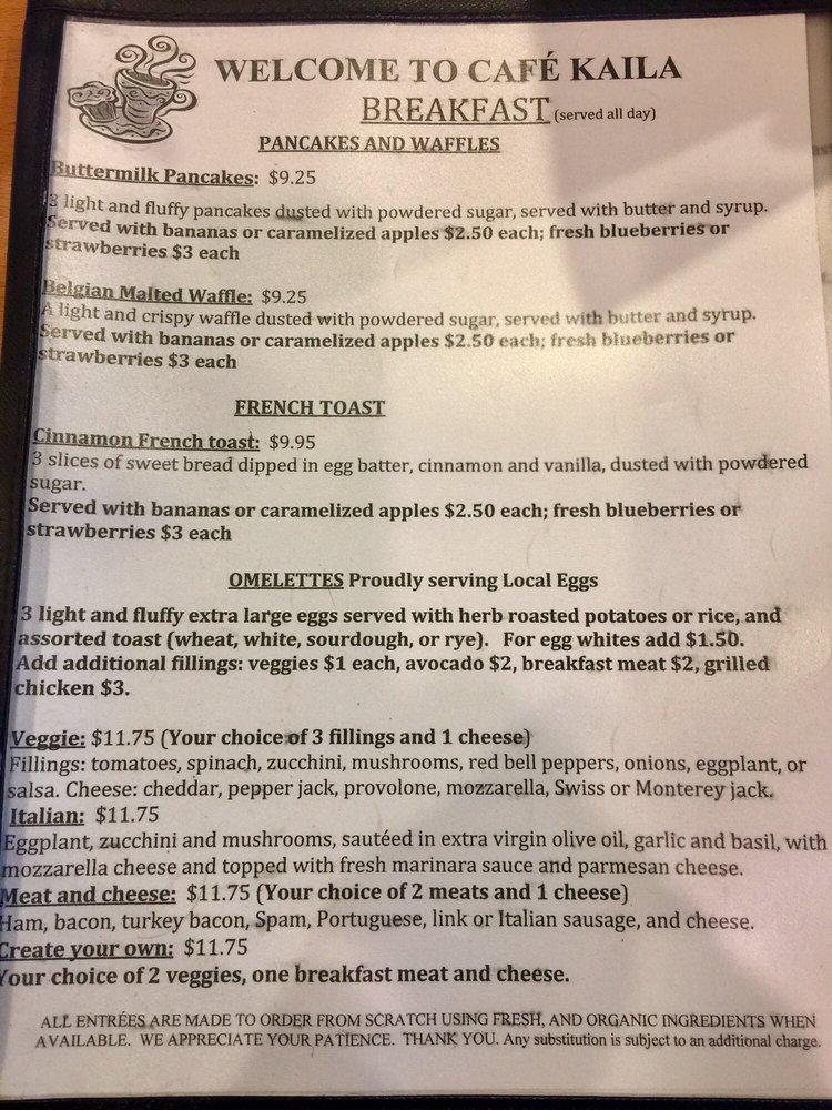 Menu at Café Kaila cafe, Honolulu