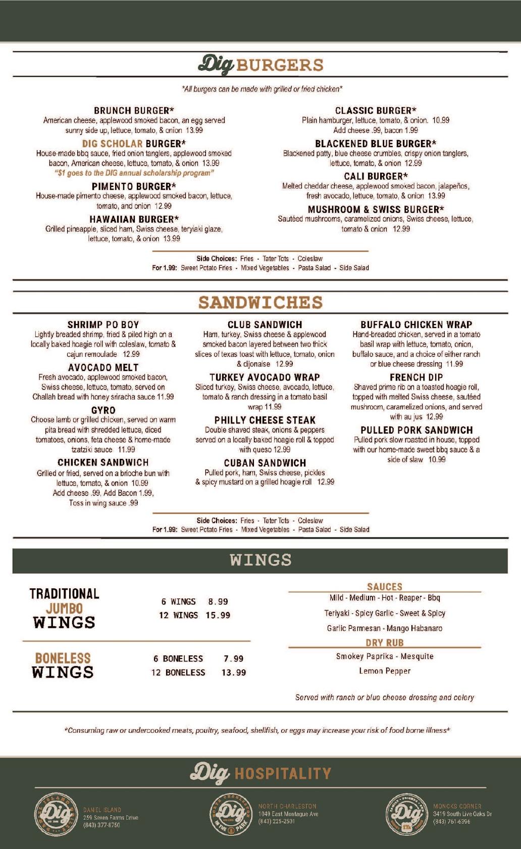 Menu at DIG In The Park pub & bar, North Charleston