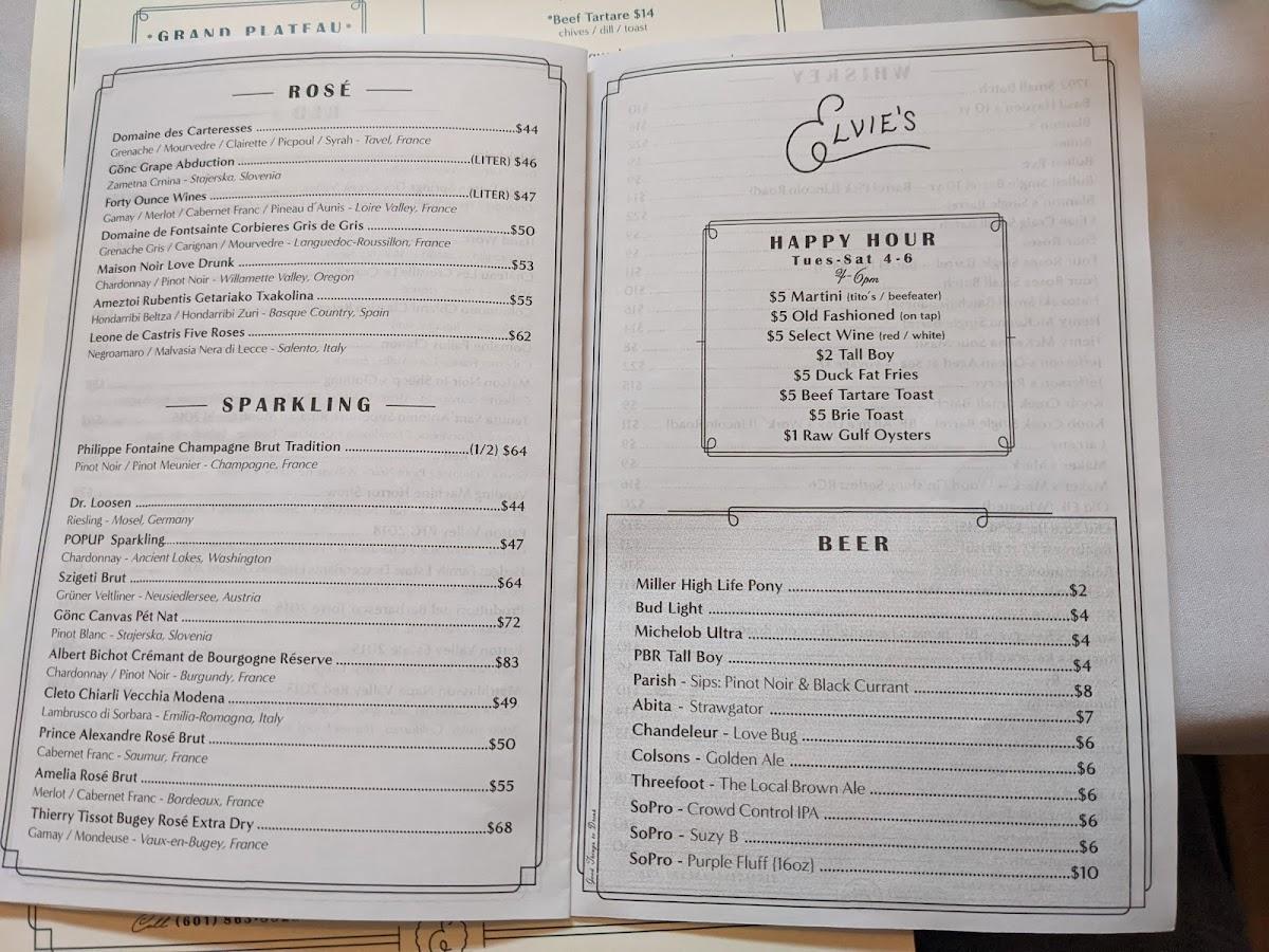 Menu at Elvie's restaurant, Jackson