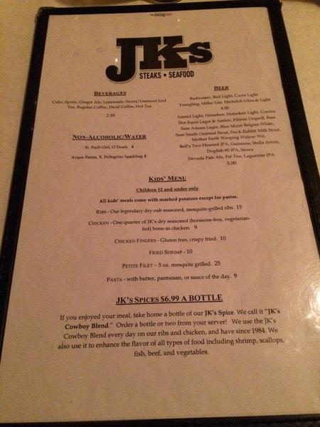 Menu at JK's Restaurant, Kill Devil Hills
