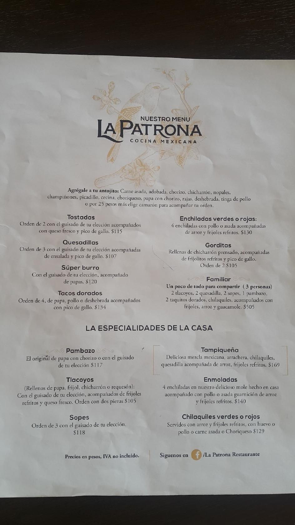 Menu at La Patrona Restaurante, Cabo San Lucas