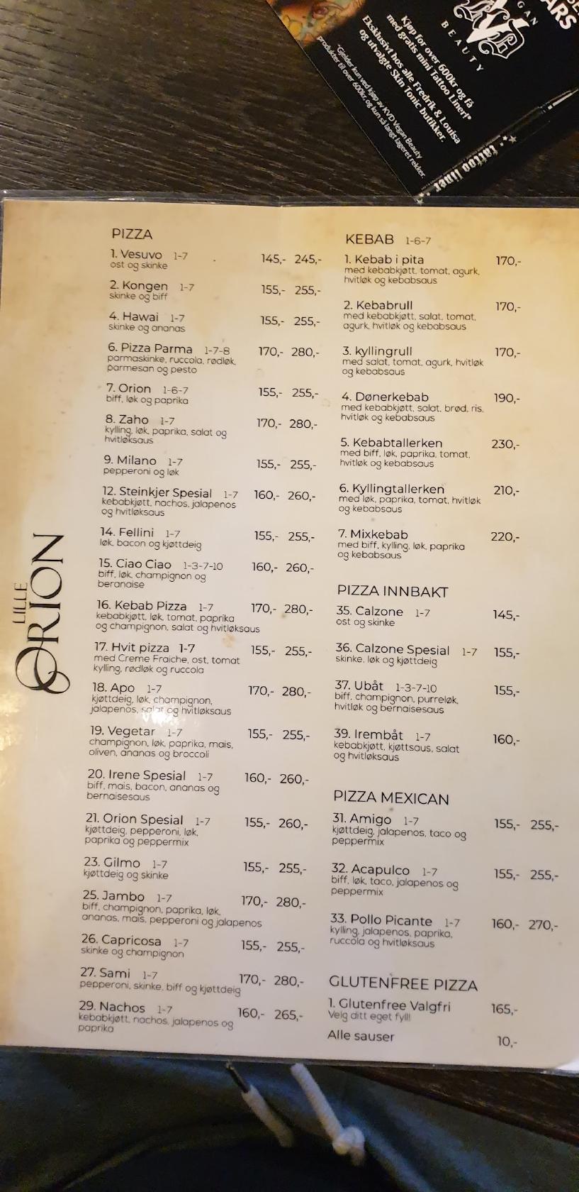 Menu at Lille Orion AS pizzeria, Steinkjer