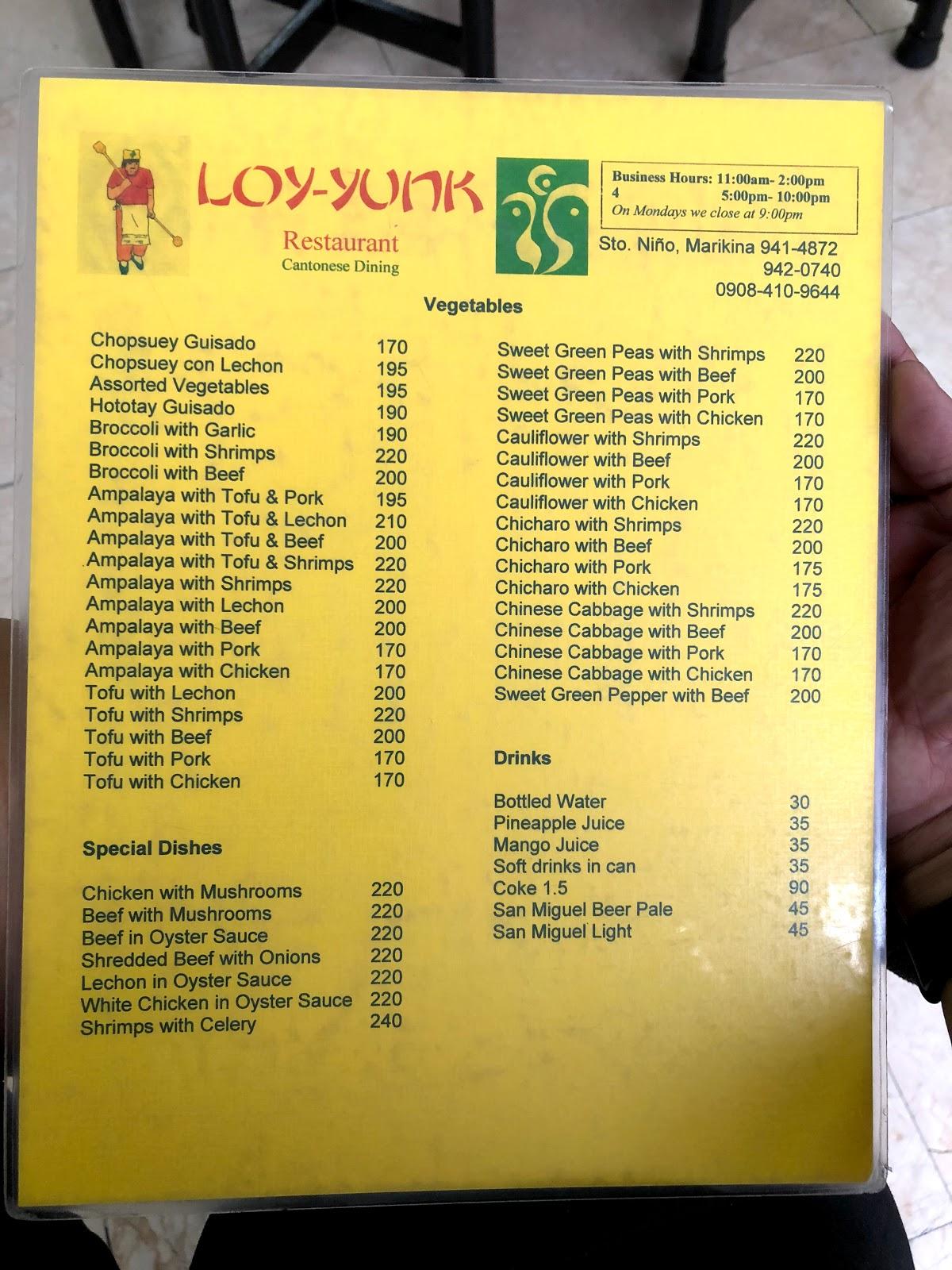 Menu at Luk Yong restaurant, Marikina
