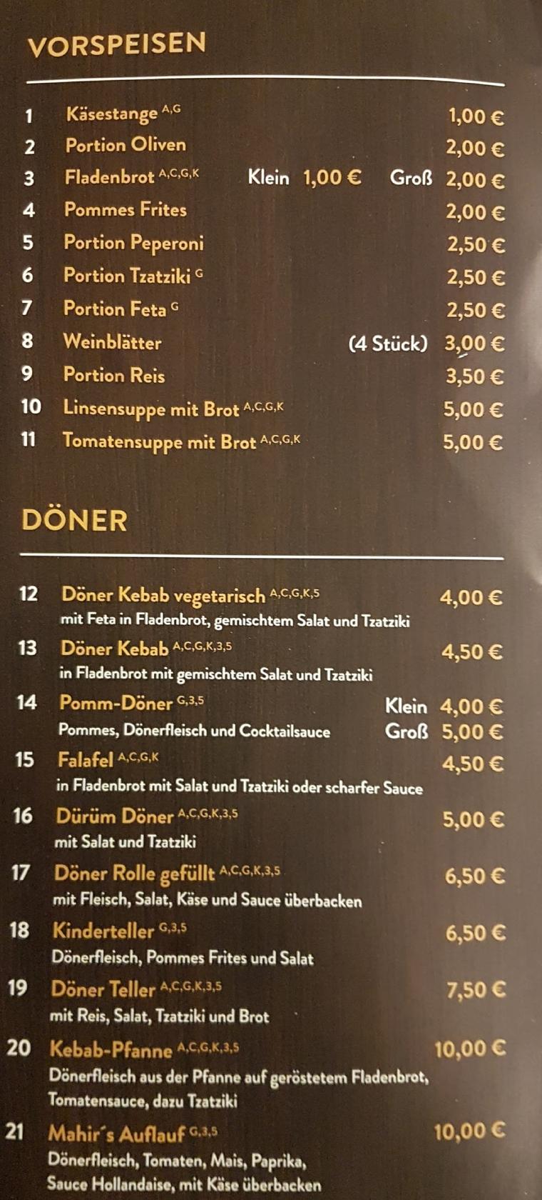 Speisekarte von Mahir‘s restaurant, Bredstedt